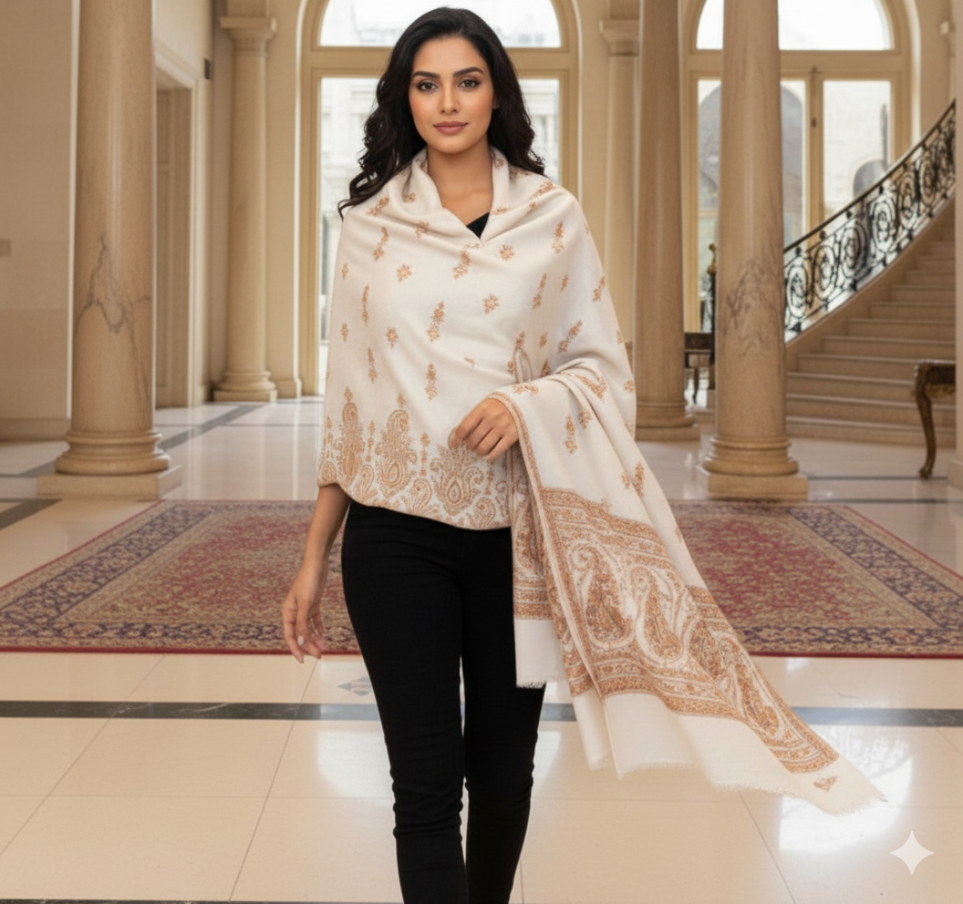 Ivory Gold Heritage Embroidered Shawl – Bhadani Label